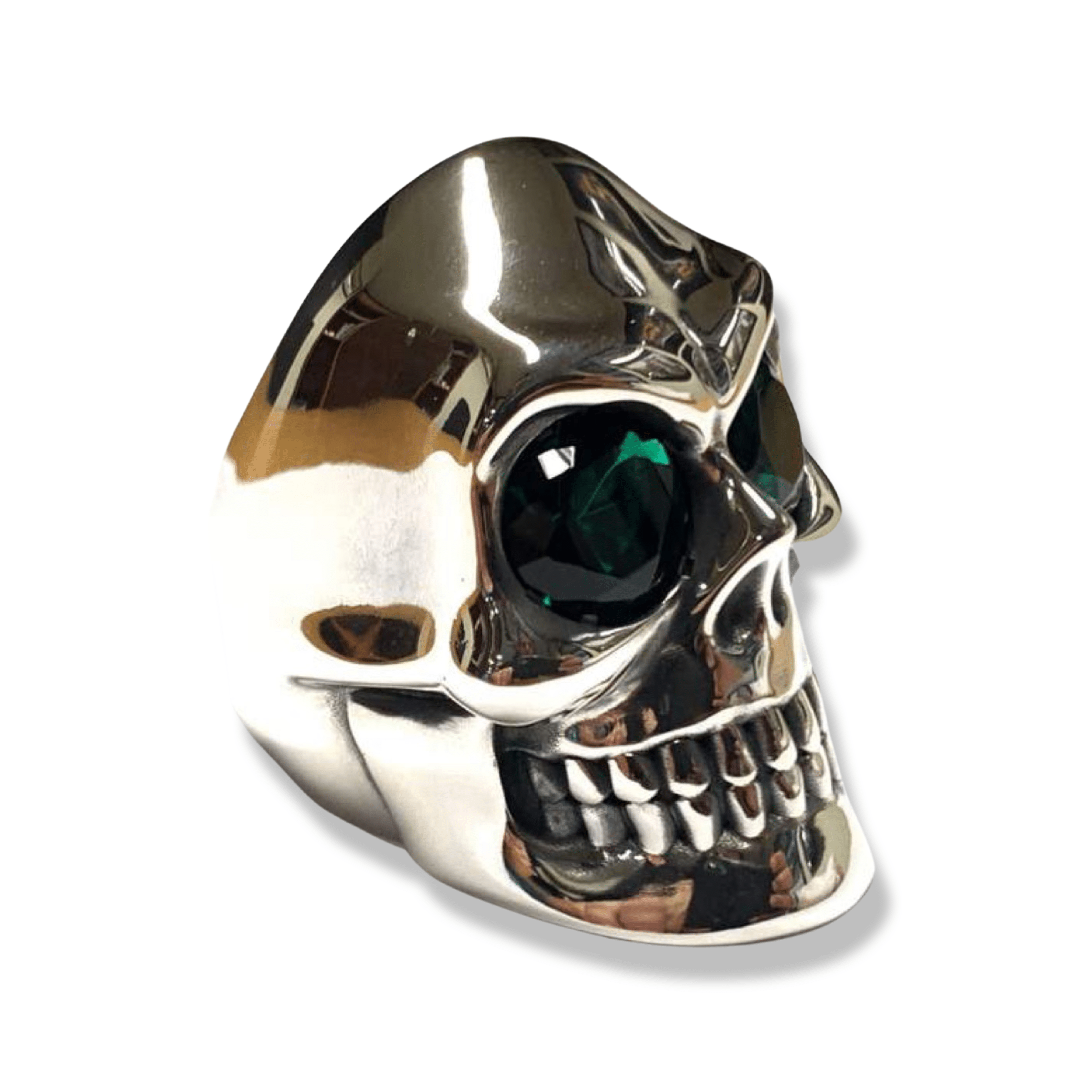 Plain Huge Sugar Skull Ring With Green Emerald Eyes