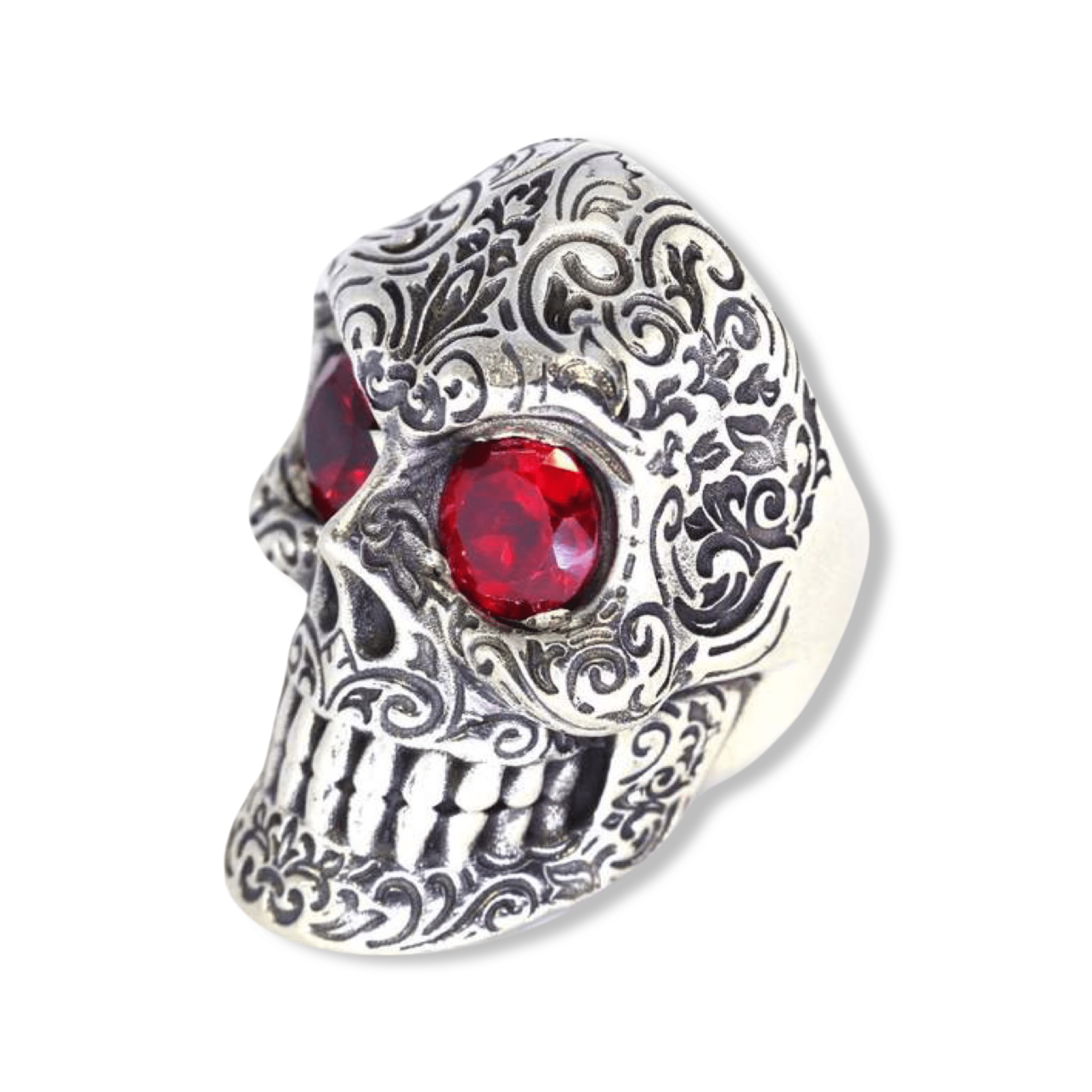 Silver Regal Sugar Skull Ring Ruby Eyes